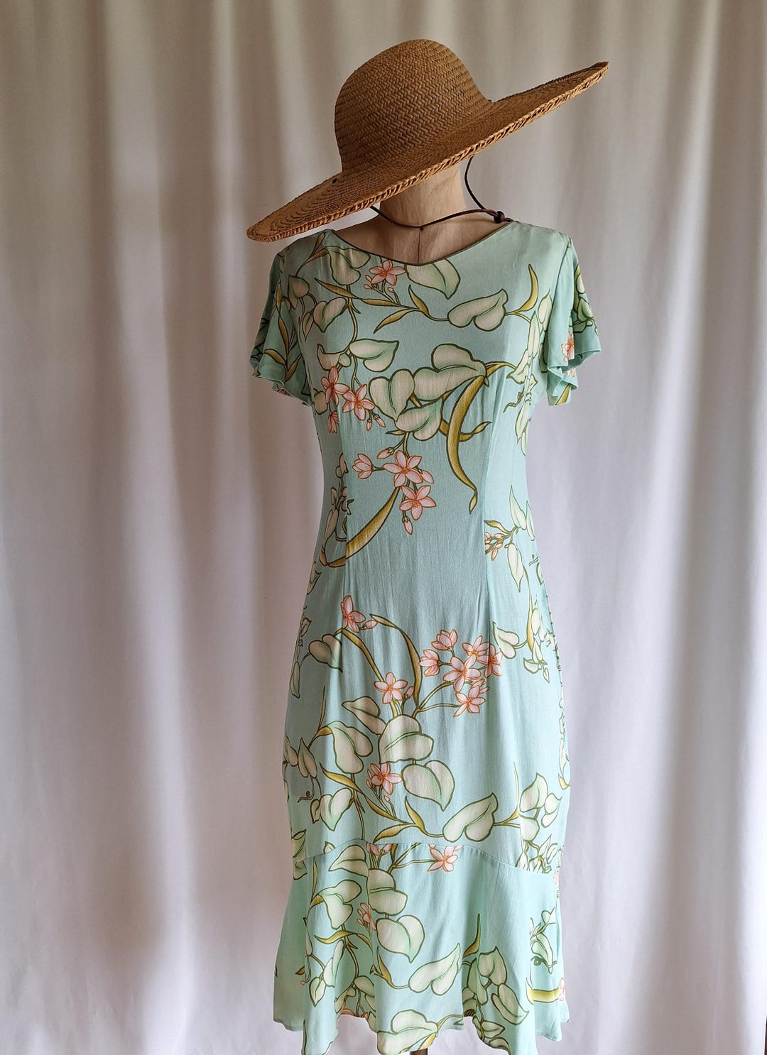 Hawaiian Dress Iolani Mint Green Rayon Bias Hem Flutter Sleeve Made in ...