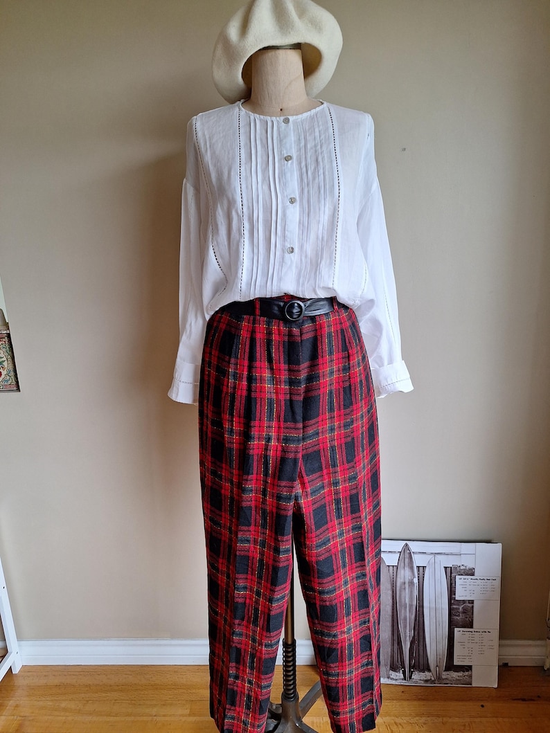 Vintage 1990s Tartan Pants Festive Plaid High Waisted Pleated Lined Red ...