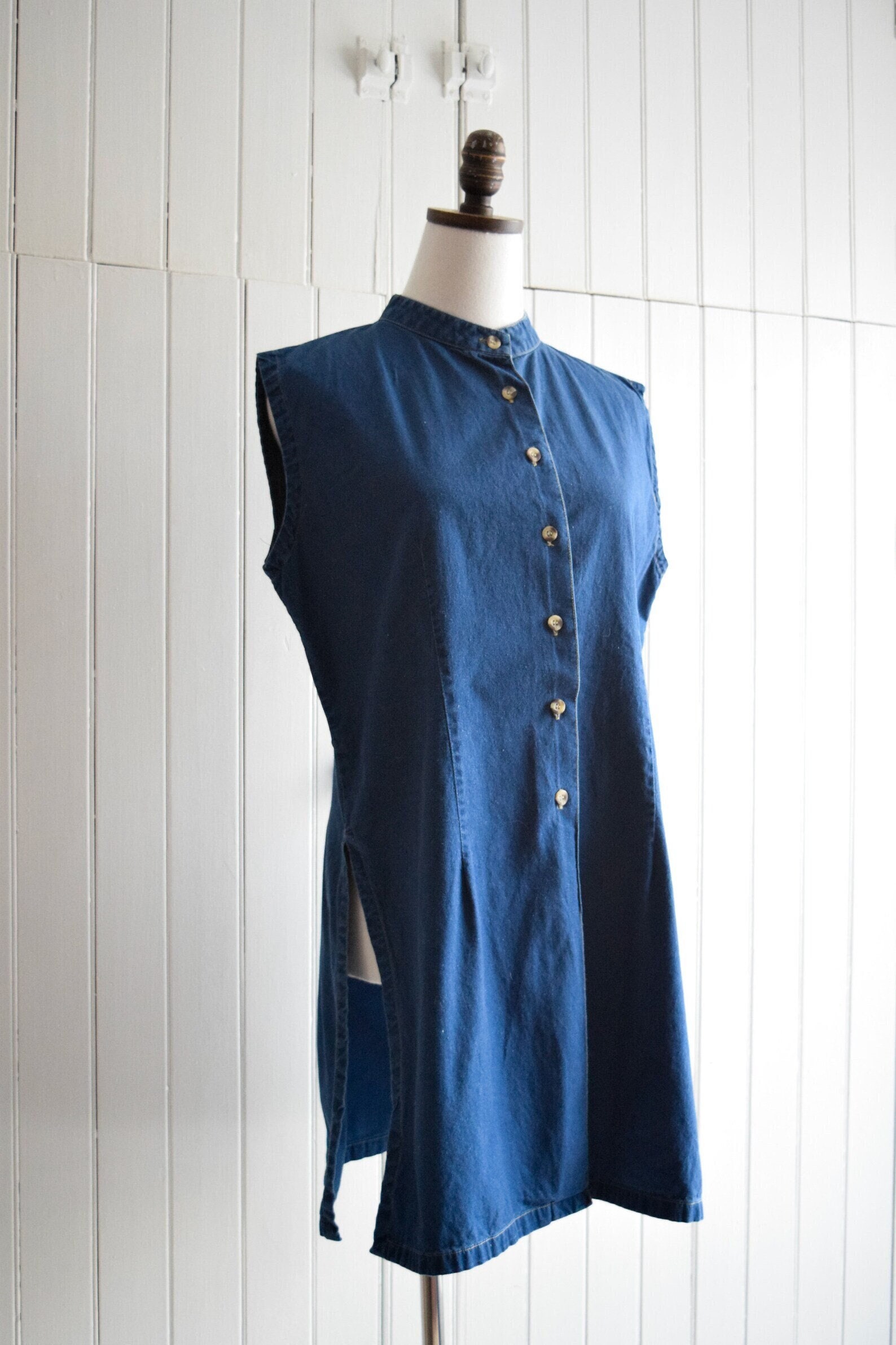 1990s Minimalist Denim Tunic Buttons Mandarin Collar Side Slits Medium ...