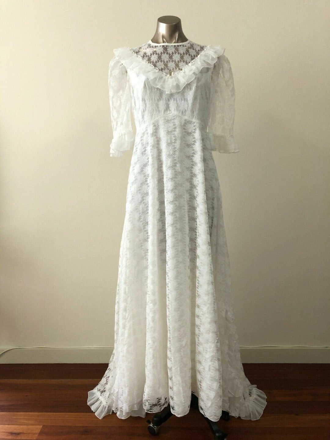 60s Daisies Victorian White Lace Wedding Dress With Train Jane Austen ...