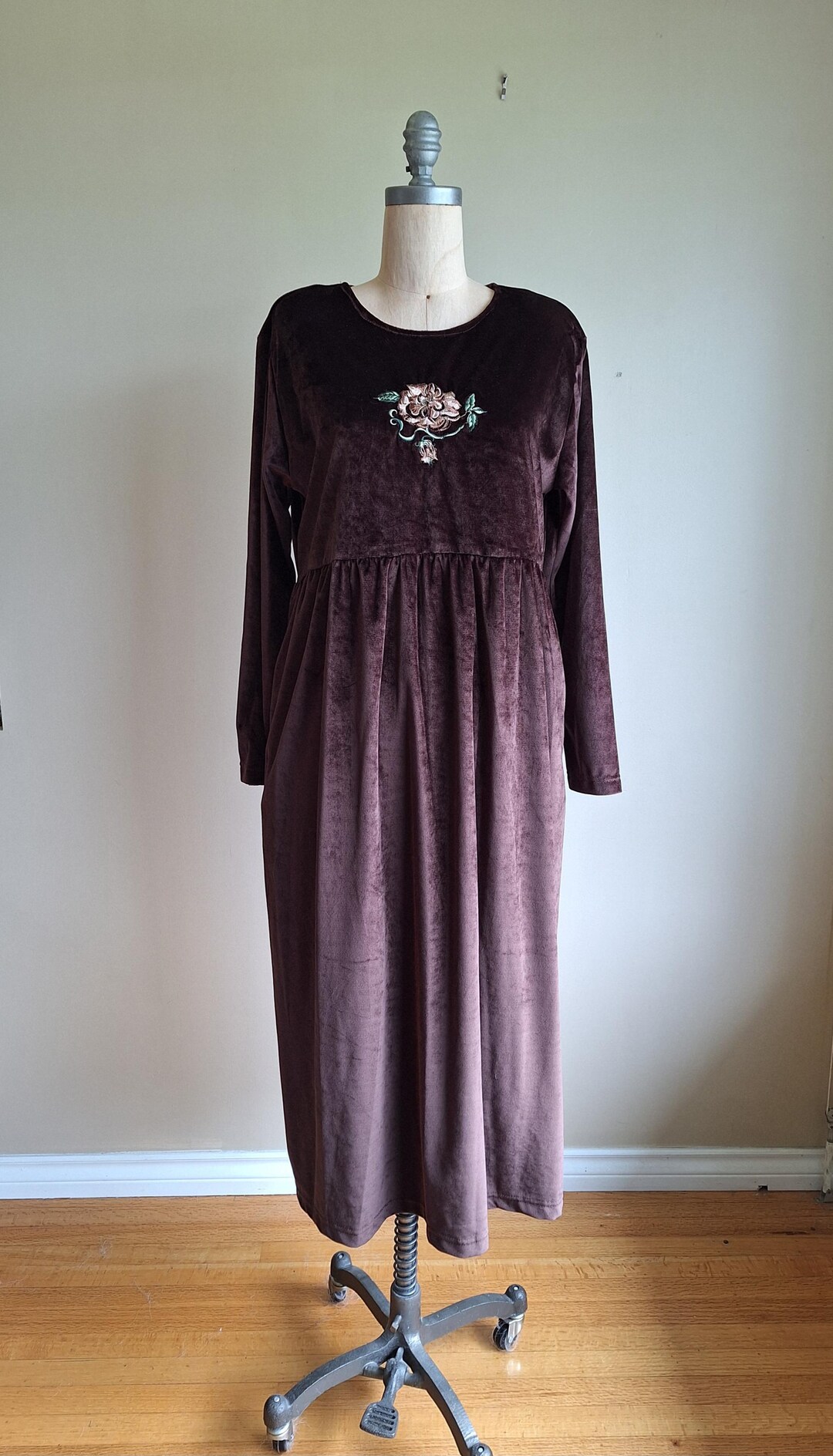 Vintage 1990s Velveteen Babydoll Midi Dress Chocolate Brown Embroidered ...