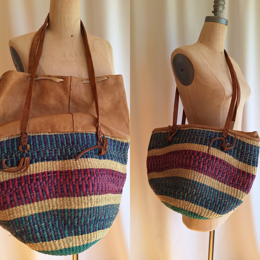 Sisal Market Bucket Bag With Leather Top for Extra Height African ...