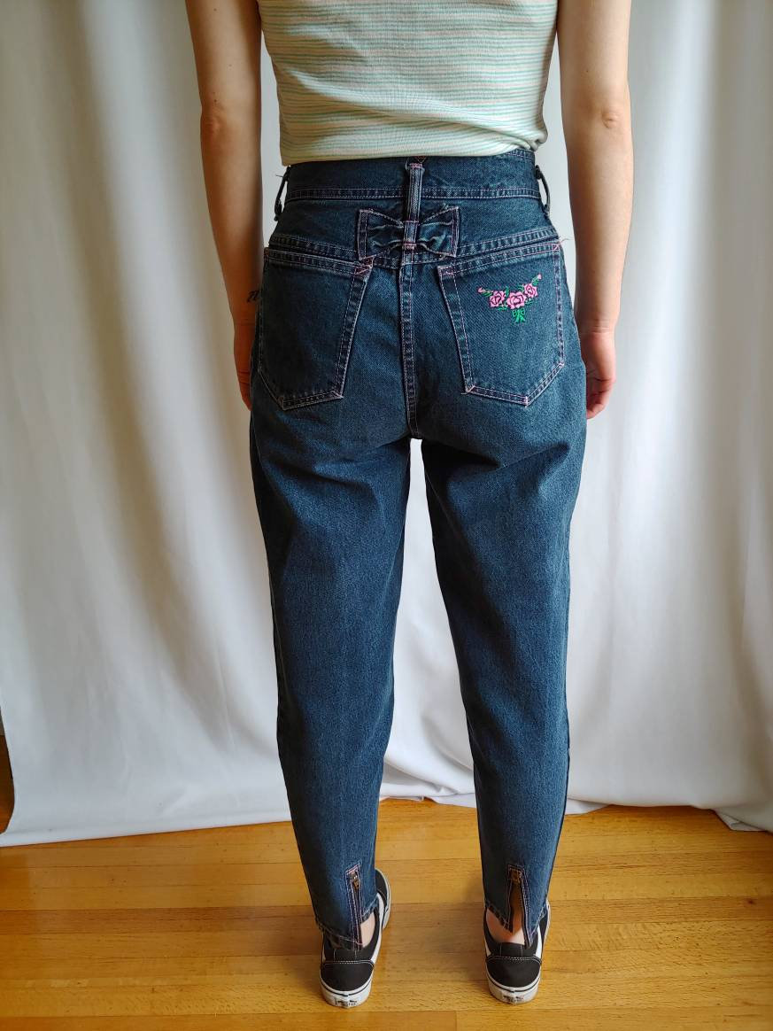 80s High Waisted Jeans embroidered waist zipper ankles Petite | Etsy