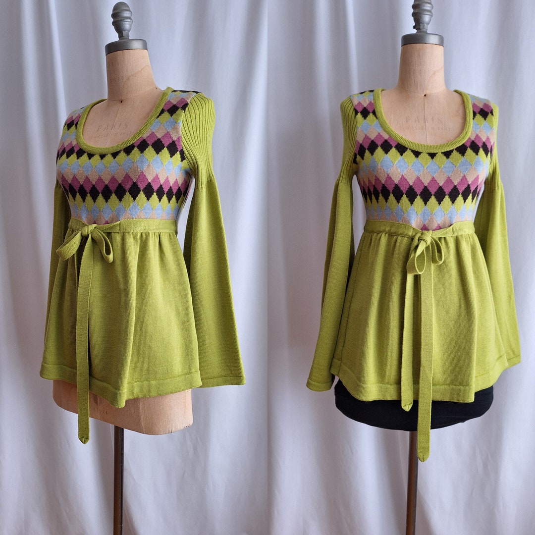 Anna Holtbad STOCKHOLM Swedish Sweater Flared Sleeve Tunic Green Argyle ...