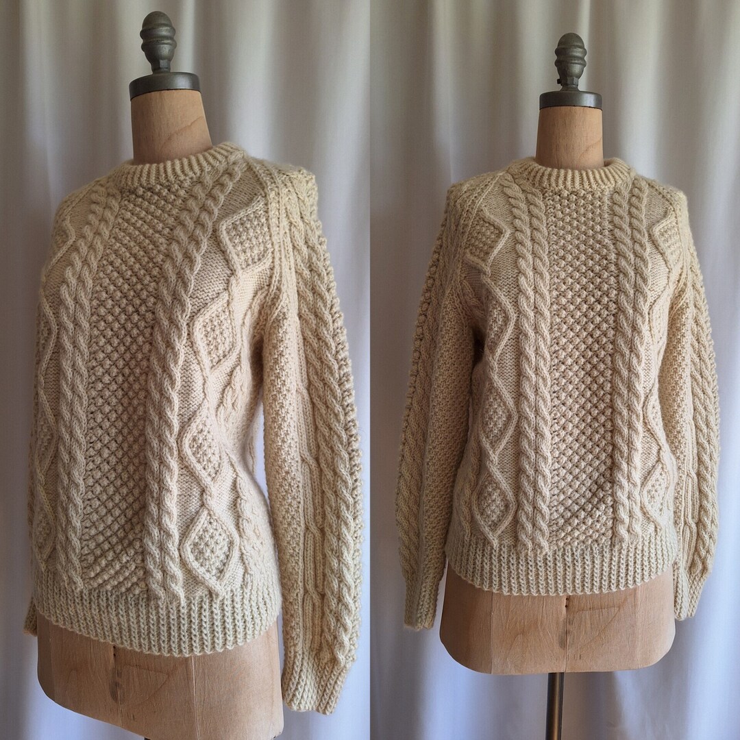 60s Donegal Irish Handknit Wool Aran Cream Pullover Sweater Cream Cable ...