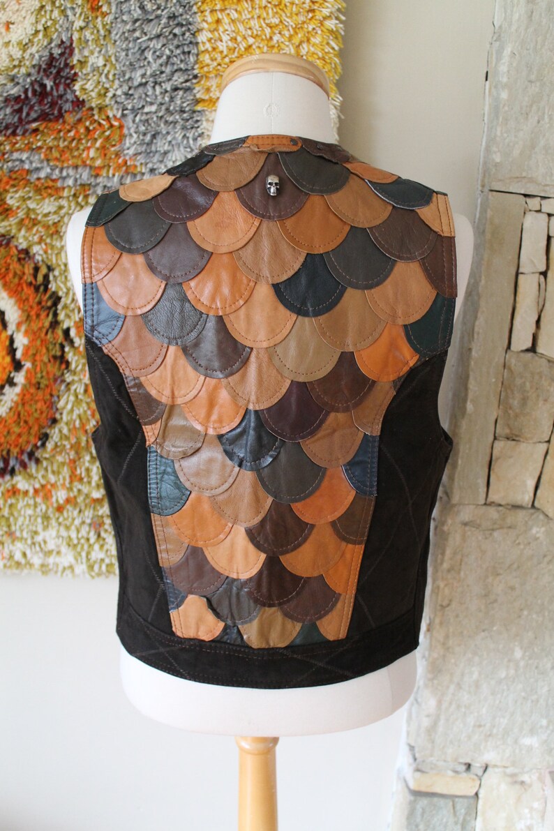 70s Motorcycle Vest, Chest 40 Inches, 70s Leather Vest, Scalloped ...