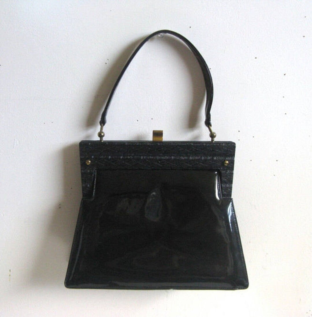 Vintage 1950s Handbag Black Patent Leather Bakelite Frame Purse ...