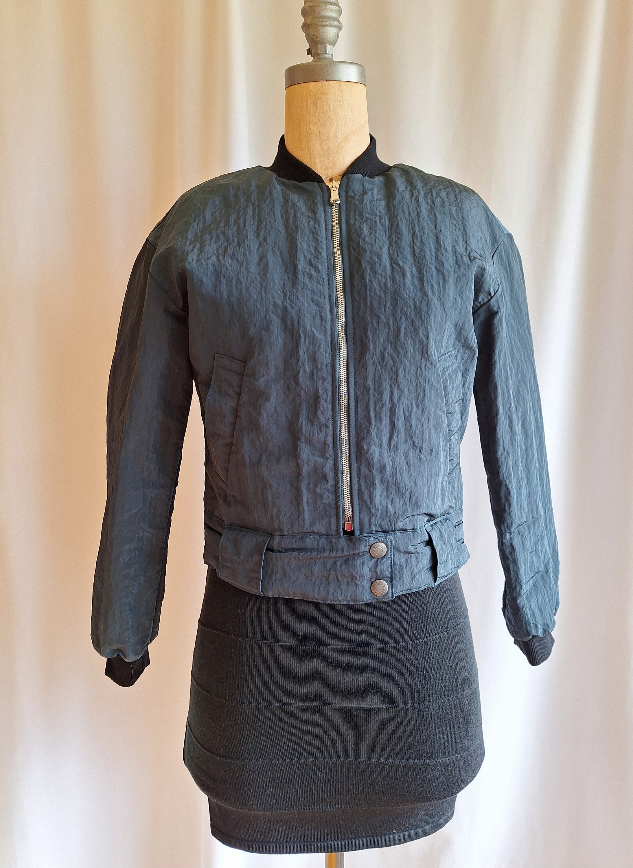 DEADSTOCK Teal Blue Crumpled Designer Bomber Jacket Minimalist Cropped ...