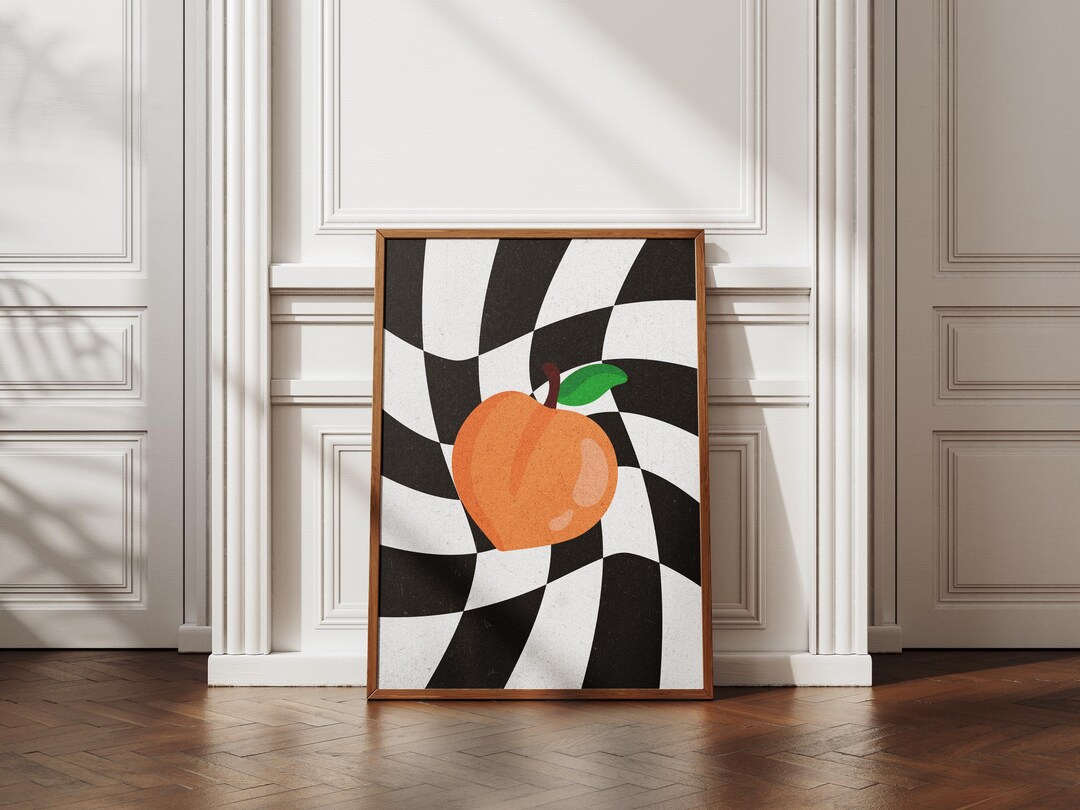 Peach Aesthetic Poster Set - Wavy Checkerboard Wall Art - Retro Fruit ...