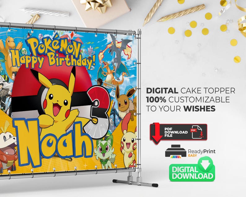 Printable Poke Birthday Backdrop | Customizable Pika Mon Banner ...