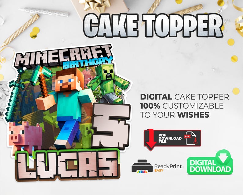 Printable Craft Game Mine Birthday Cake Topper | Customizable Mine ...