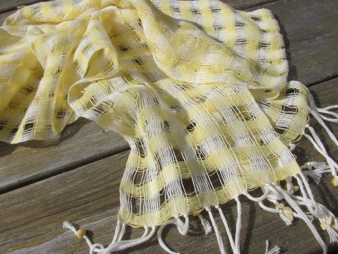 Sunny Pale Lemon Yellow White Cotton Scarf, Artisan Handmade Hand Woven ...