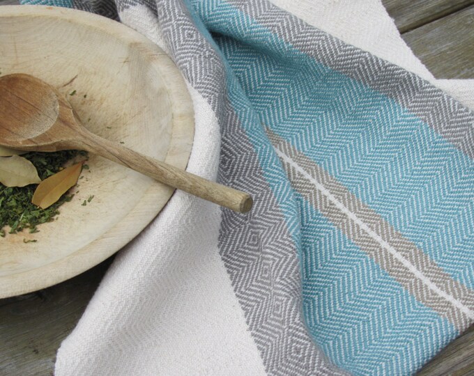 Gourmet Chef Kitchen Towel, Hand Woven, Ivory, Gray, Turquoise Stripe ...