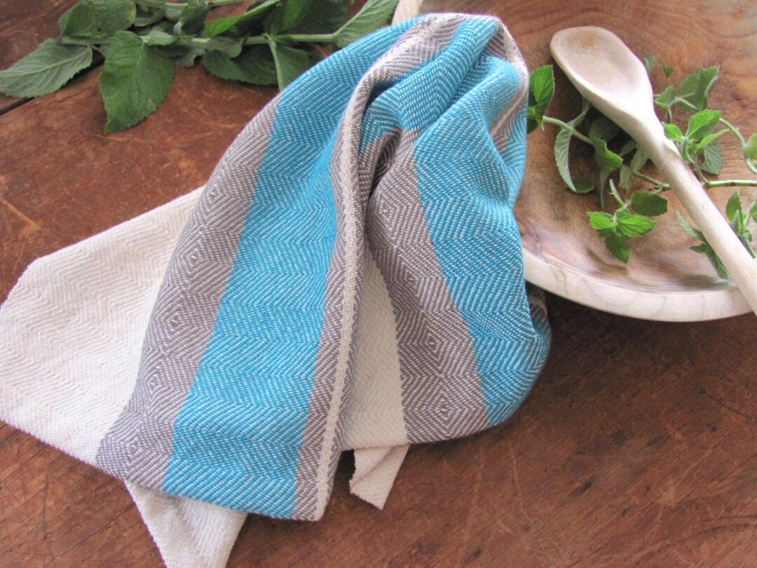 Handmade Kitchen Dish Towel, Artisan Hand Woven in Turquoise Stripe ...