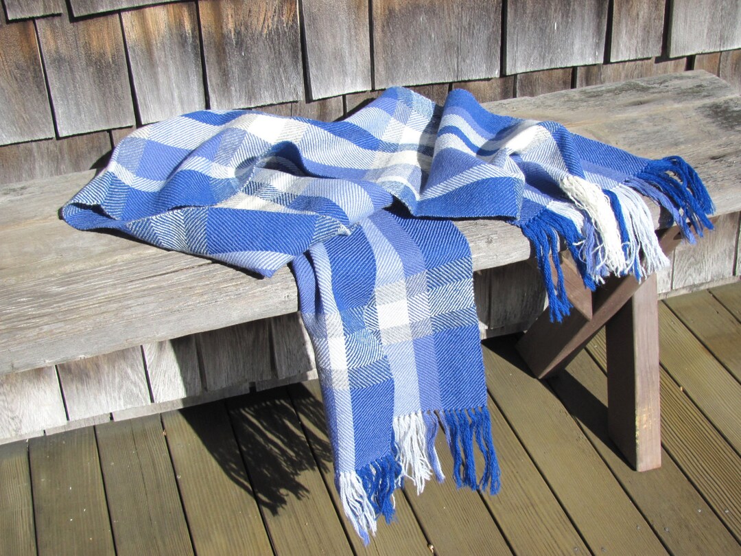 Ocean Blue Plaid Wool Scarf, Unisex Handmade Artisan Hand Woven ...
