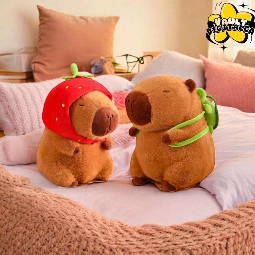 Capybara Plush Toy – Cute Capybara With Strawberry Hat or Turtle ...