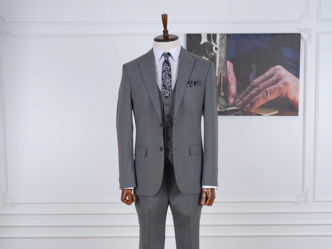 Full Set Dark Grey Slim Fit Format Set With Vest Men Parez Suit - Etsy