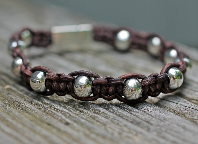 Macrame Leather and Silver Bead Bracelet For Him | Etsy