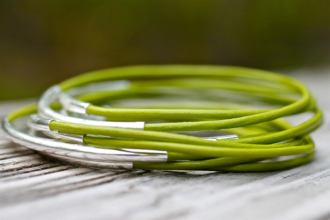 Light Green Bracelets / Leather Bangles Set / Green Bangles / - Etsy