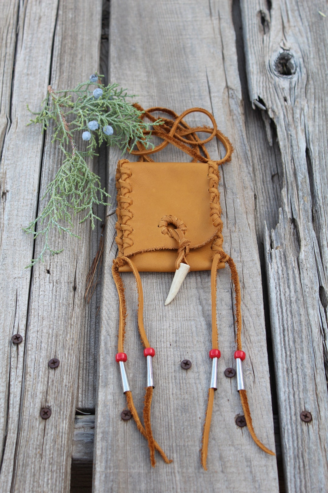 Leather Amulet Bag With Antler Tip Closure , Leather Necklace Bag ...