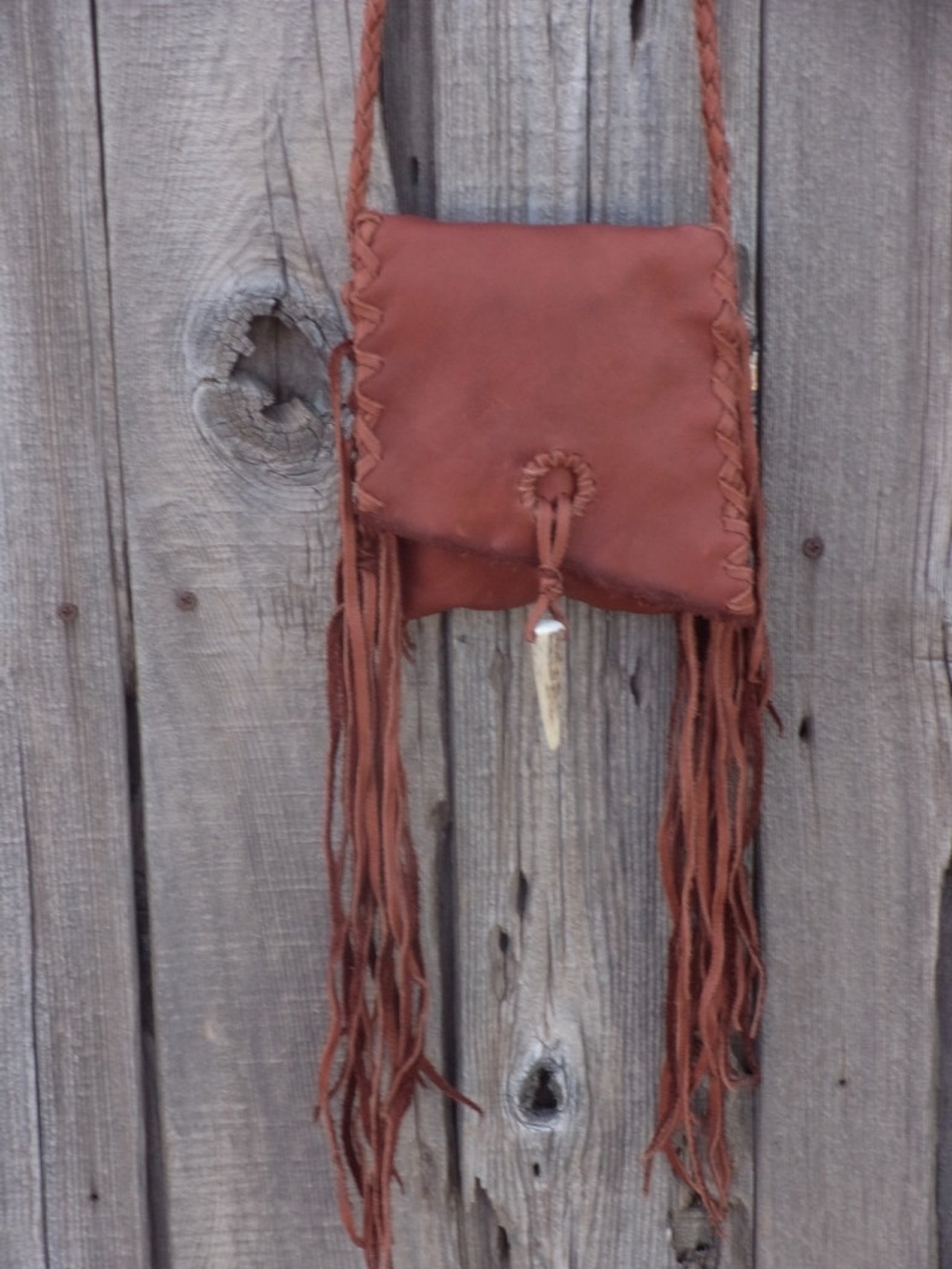 Fringed Leather Purse With an Antler Tip Closure , Crossbody Bag ...