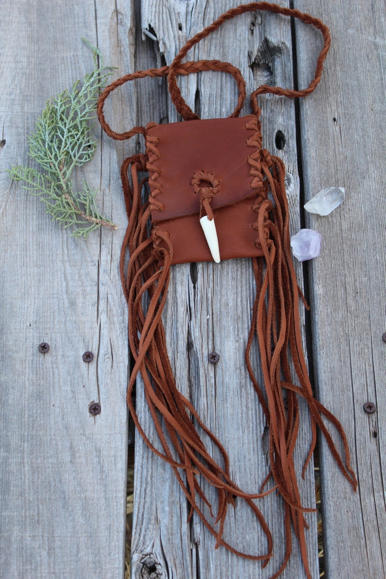 Leather Neck Pouch With Fringe and an Antler Tip Closure | Etsy