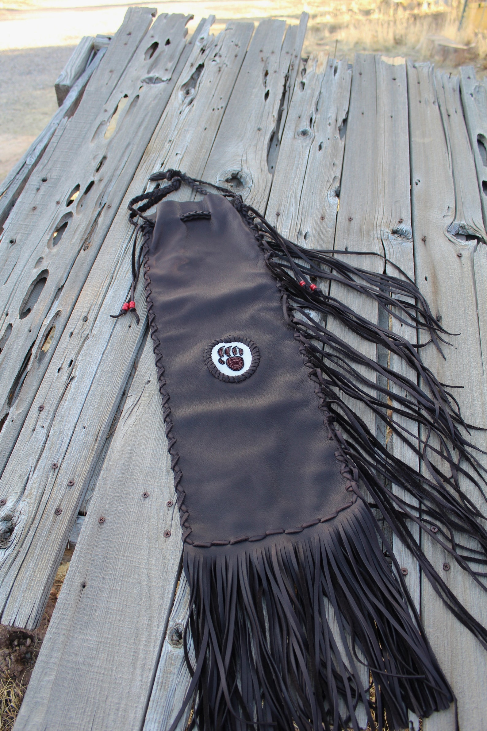 Chanupa Bag Fringed Leather Pipe Bag With Beaded Bear Totem - Etsy