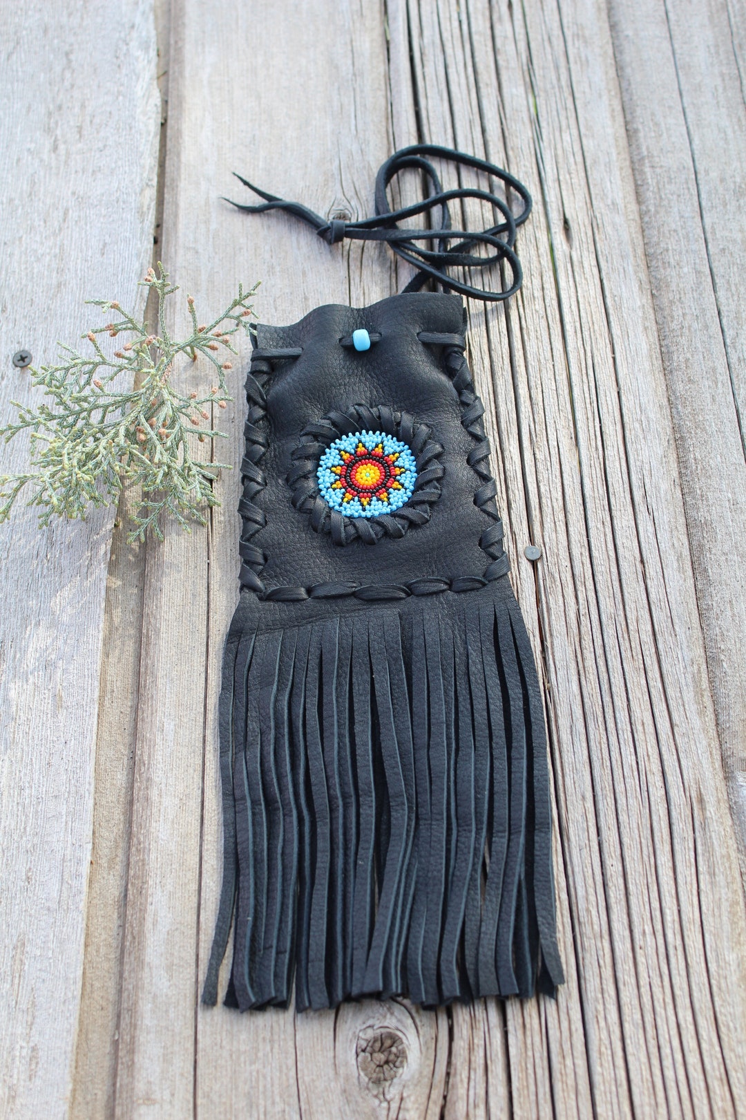 Black Leather Amulet Bag , Fringed Leather Medicine Bag , Beaded Flower ...
