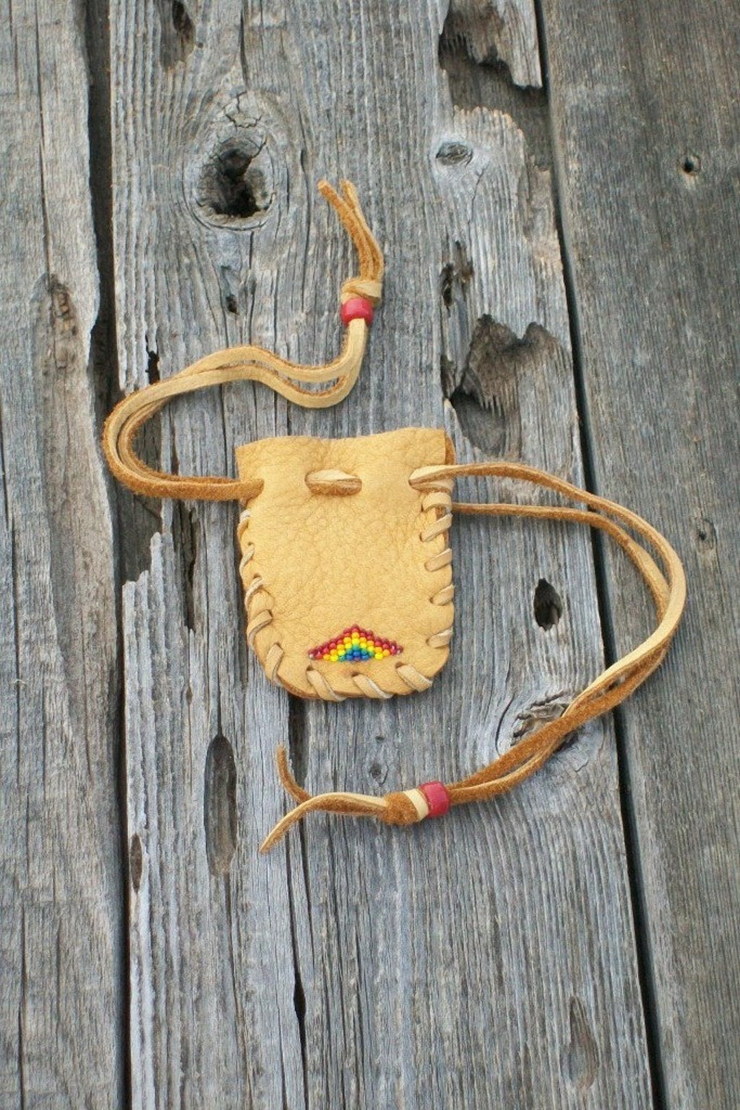 Beaded Leather Pouch , Drawstring Medicine Bag , Rainbow Bead Work ...