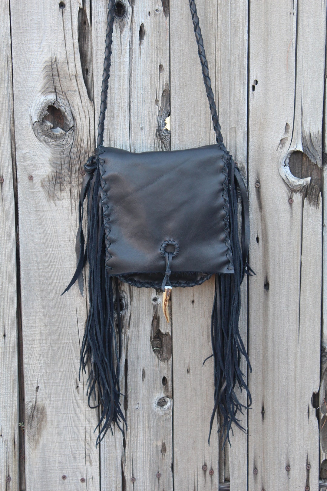 Fringed Black Leather Handbag: Boho Antler Closure Purse - Etsy