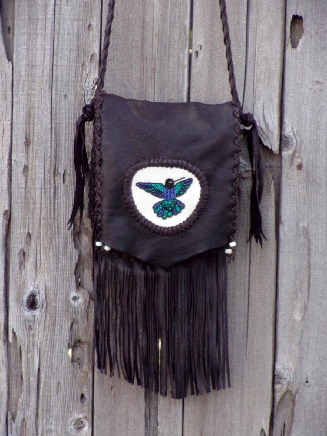 Fringed Leather Handbag , Beaded Hummingbird , Handmade Leather ...