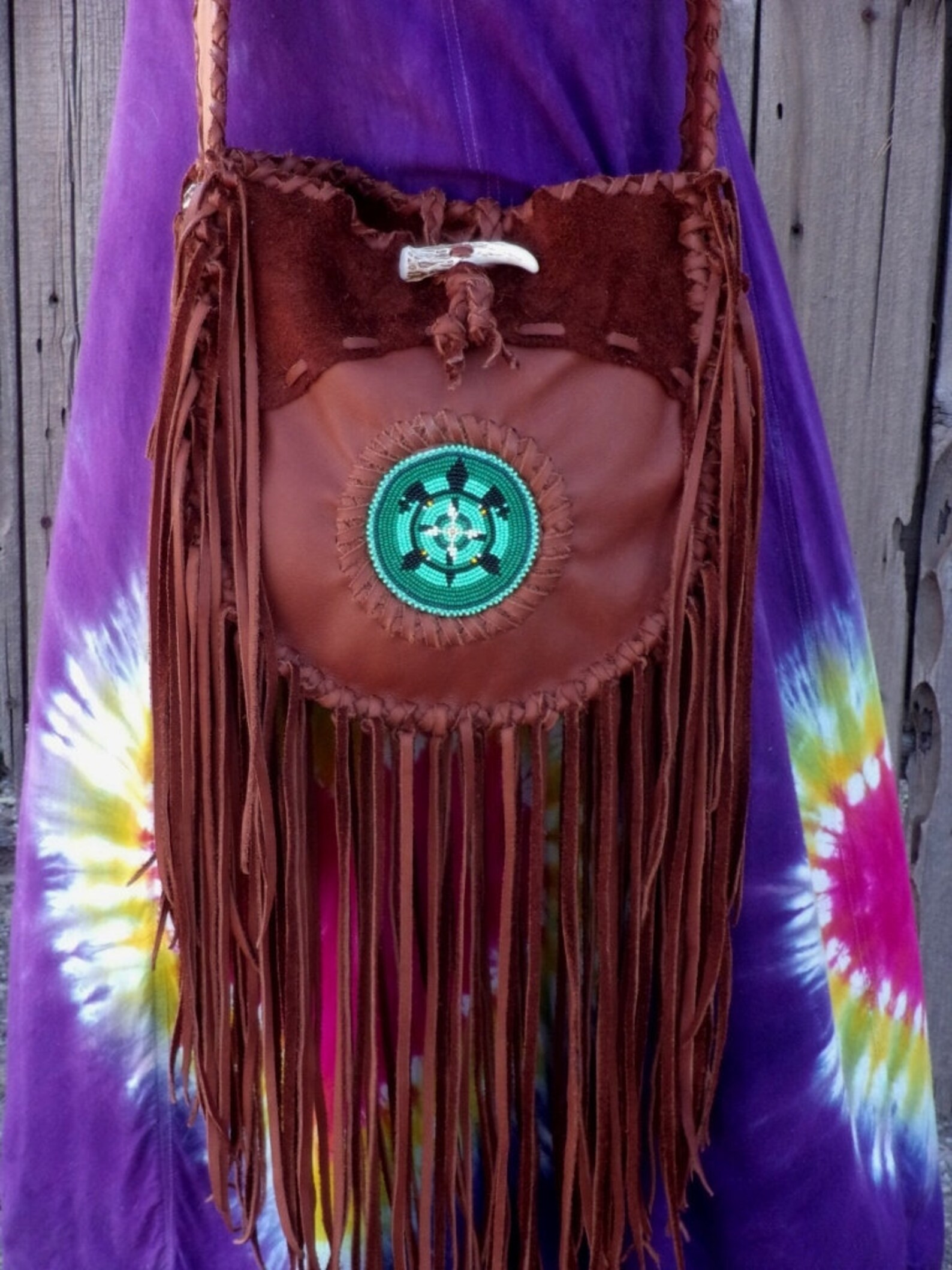 Fringed Leather Tote Beaded Turtle Handbag Turtle Totem - Etsy