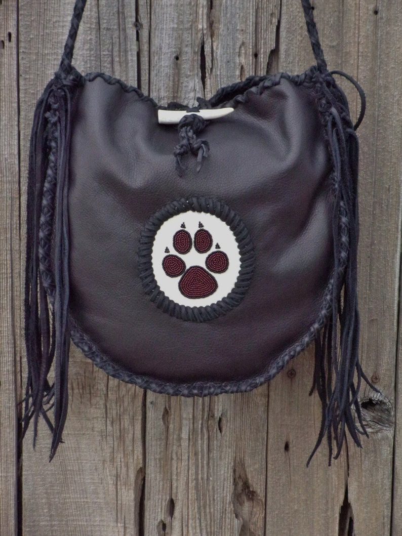 Black Leather Tote Beaded Wolf Paw Tote Leather Handbag - Etsy