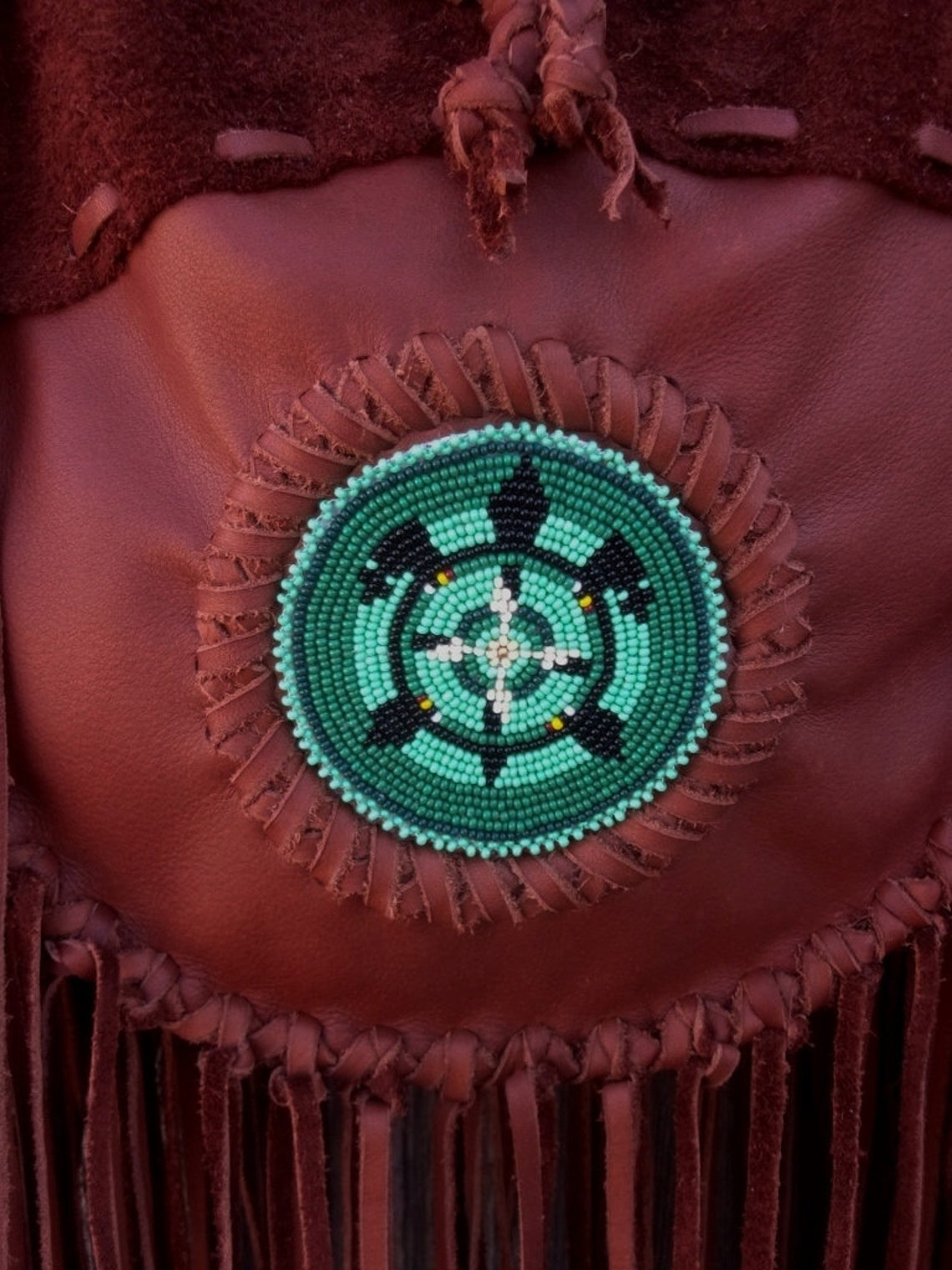 Fringed Leather Tote Beaded Turtle Handbag Turtle Totem - Etsy