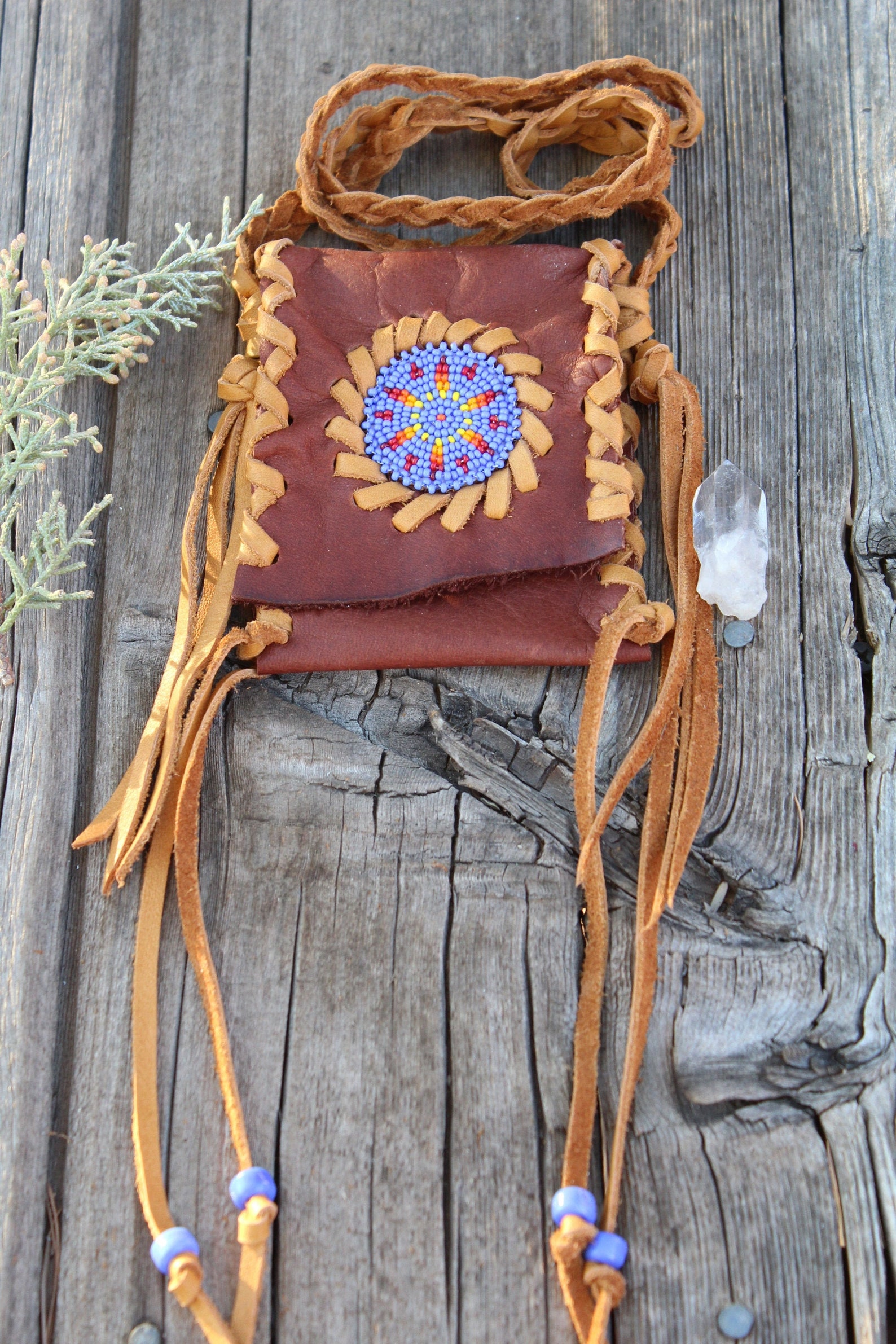 Beaded amulet bag beaded necklace bag leather medicine | Etsy