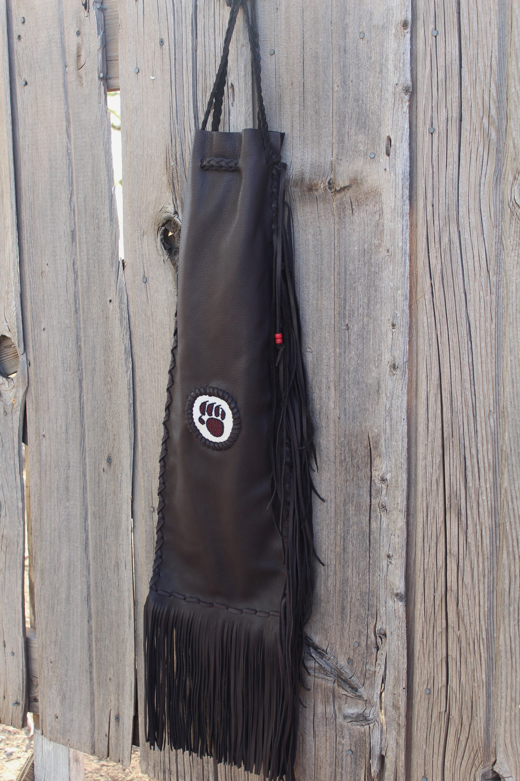 Chanupa bag Fringed leather pipe bag with beaded bear totem | Etsy