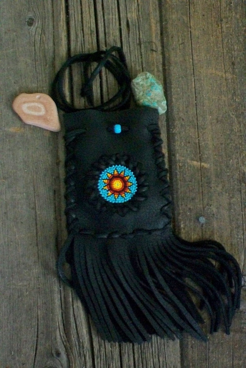 Black Leather Amulet Bag Fringed Leather Medicine Bag - Etsy