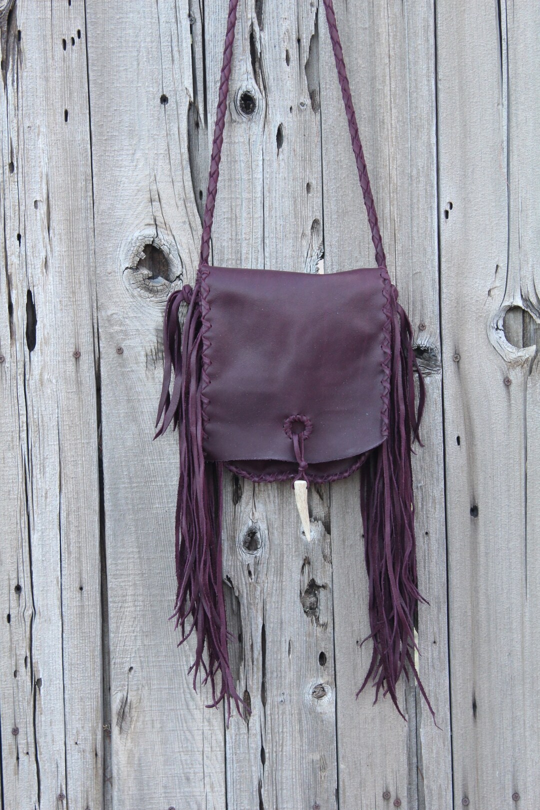 Handmade Burgundy Leather Fringe Handbag: Antler Closure Crossbody ...