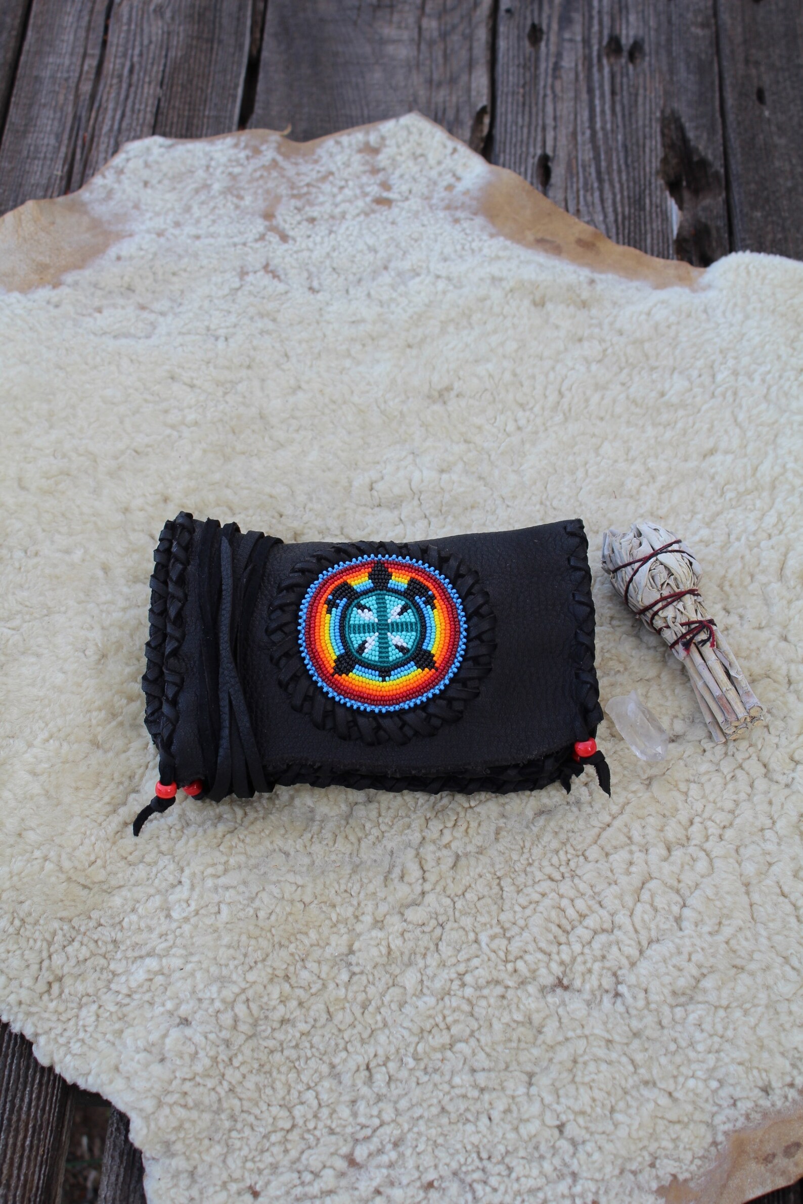 Black Leather Clutch Beaded Turtle Clutch Shamans Medicine - Etsy
