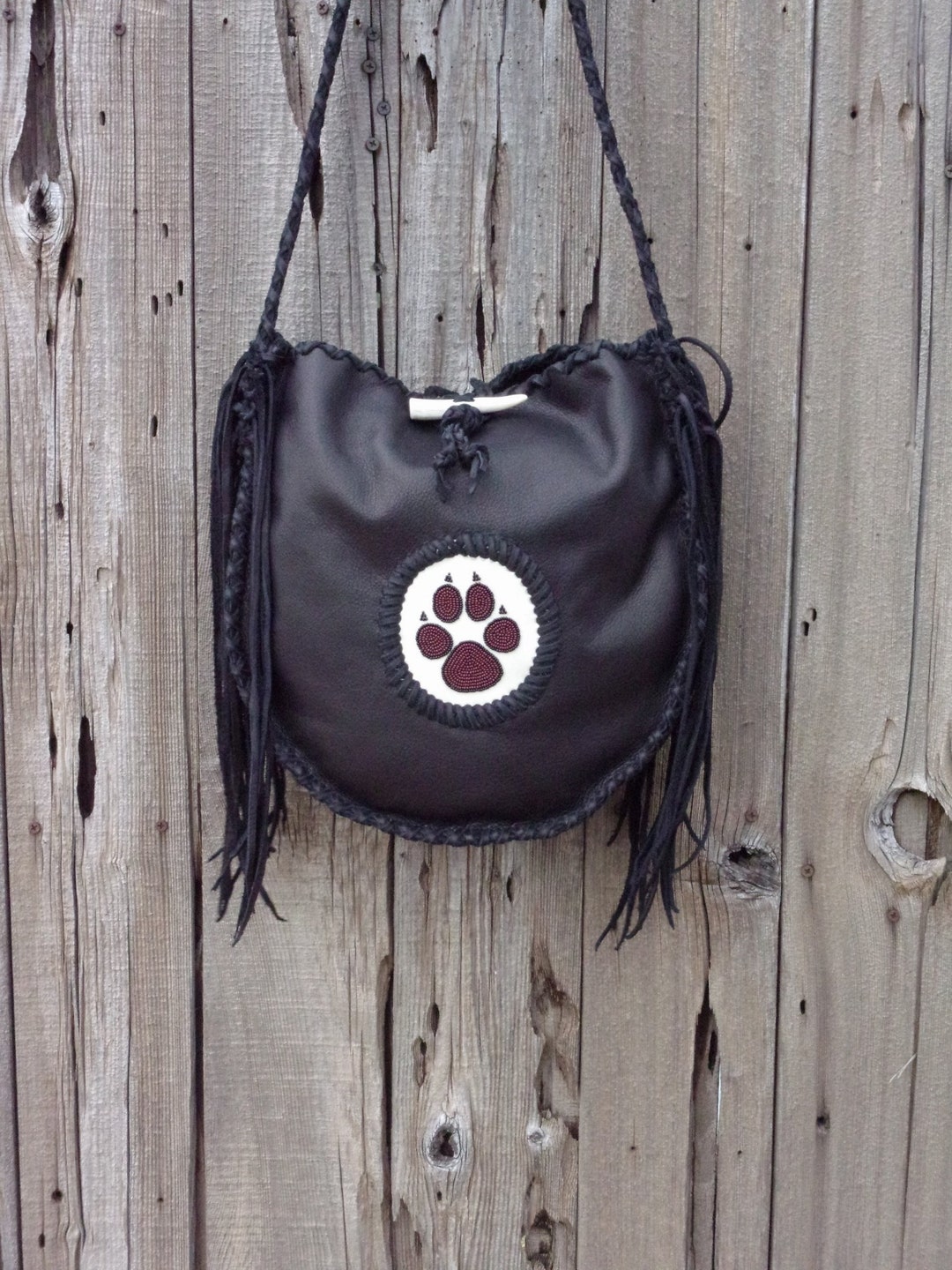 Black Leather Tote, Beaded Wolf Paw Tote, Leather Handbag, Wolf Paw ...