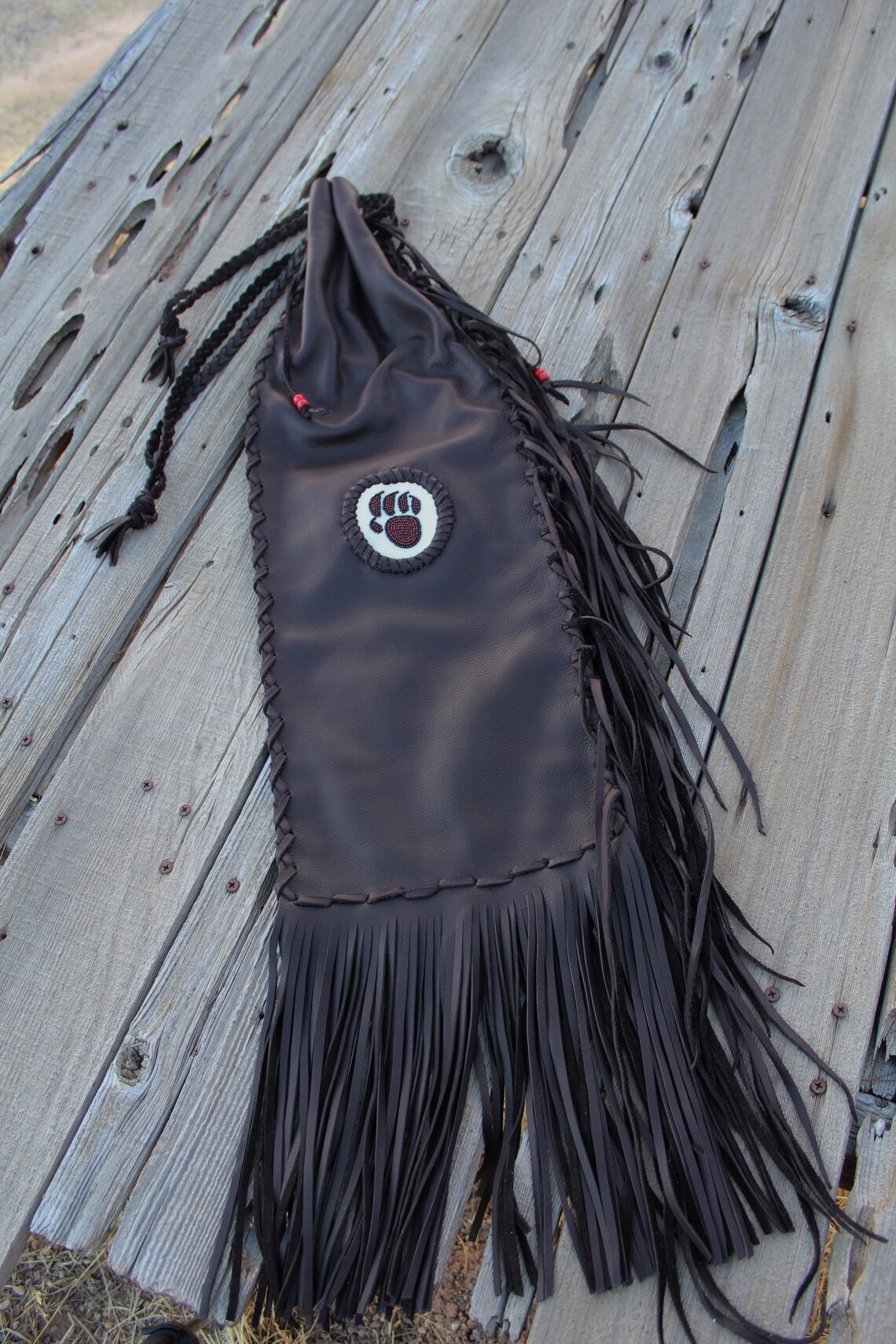 Chanupa bag Fringed leather pipe bag with beaded bear totem | Etsy