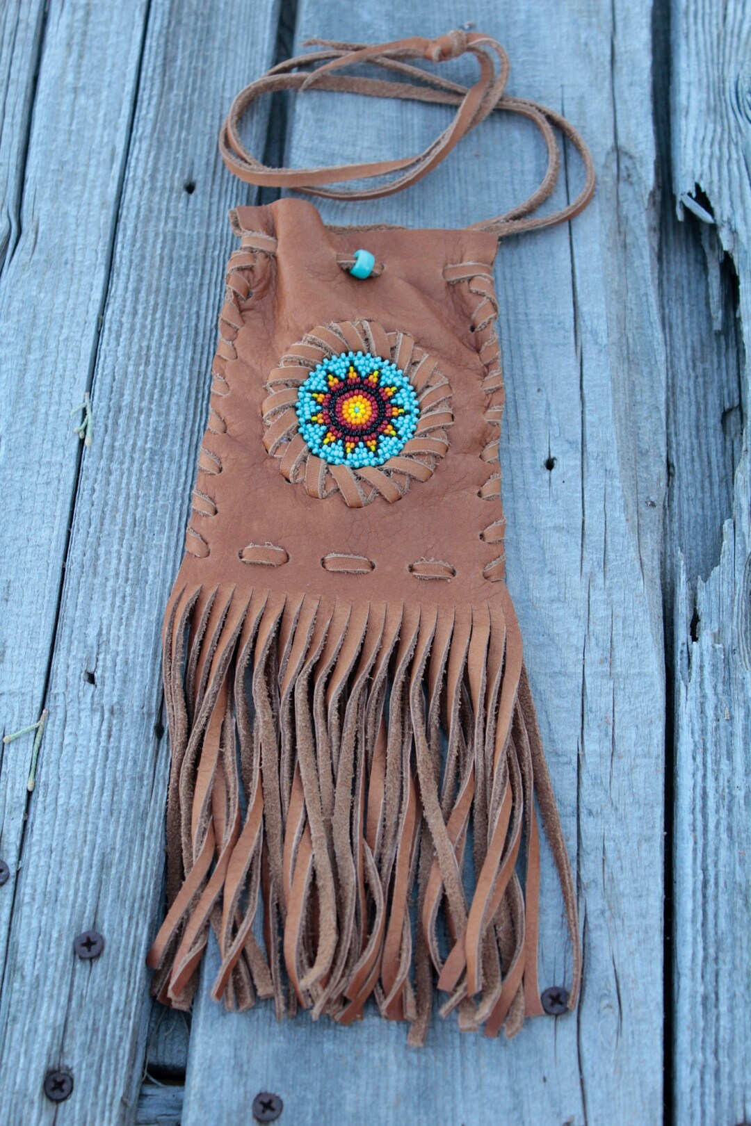 Fringed Leather Bag , Medicine Bag , Amulet Bag , Beaded Leather Bag ...