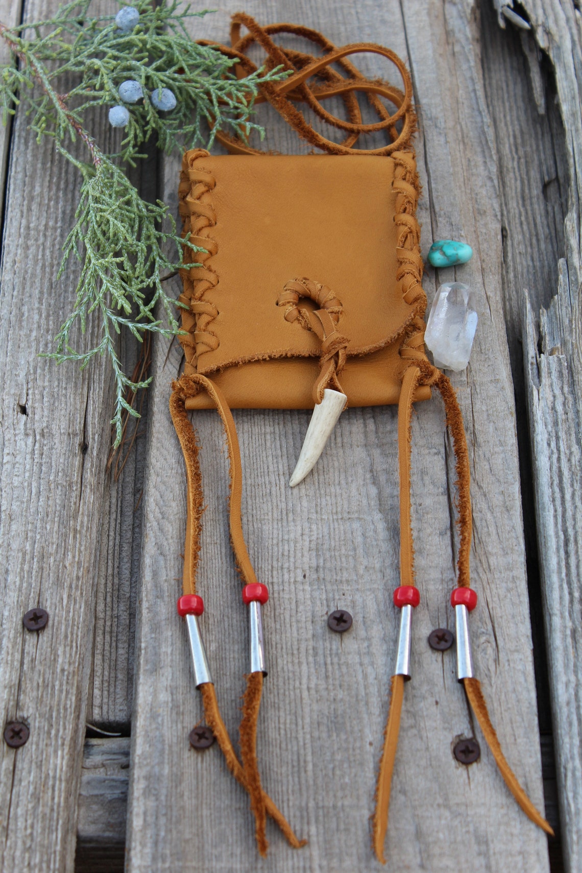 Leather Amulet Bag With Antler Tip Closure Leather Necklace - Etsy