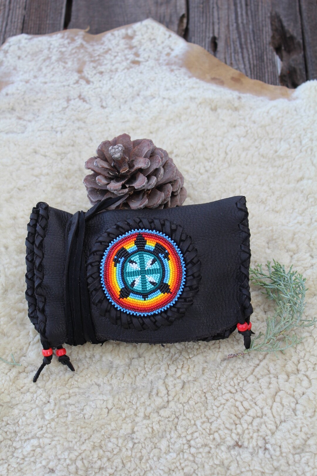 Black Leather Clutch, Beaded Turtle Clutch, Shamans Medicine Bag ...