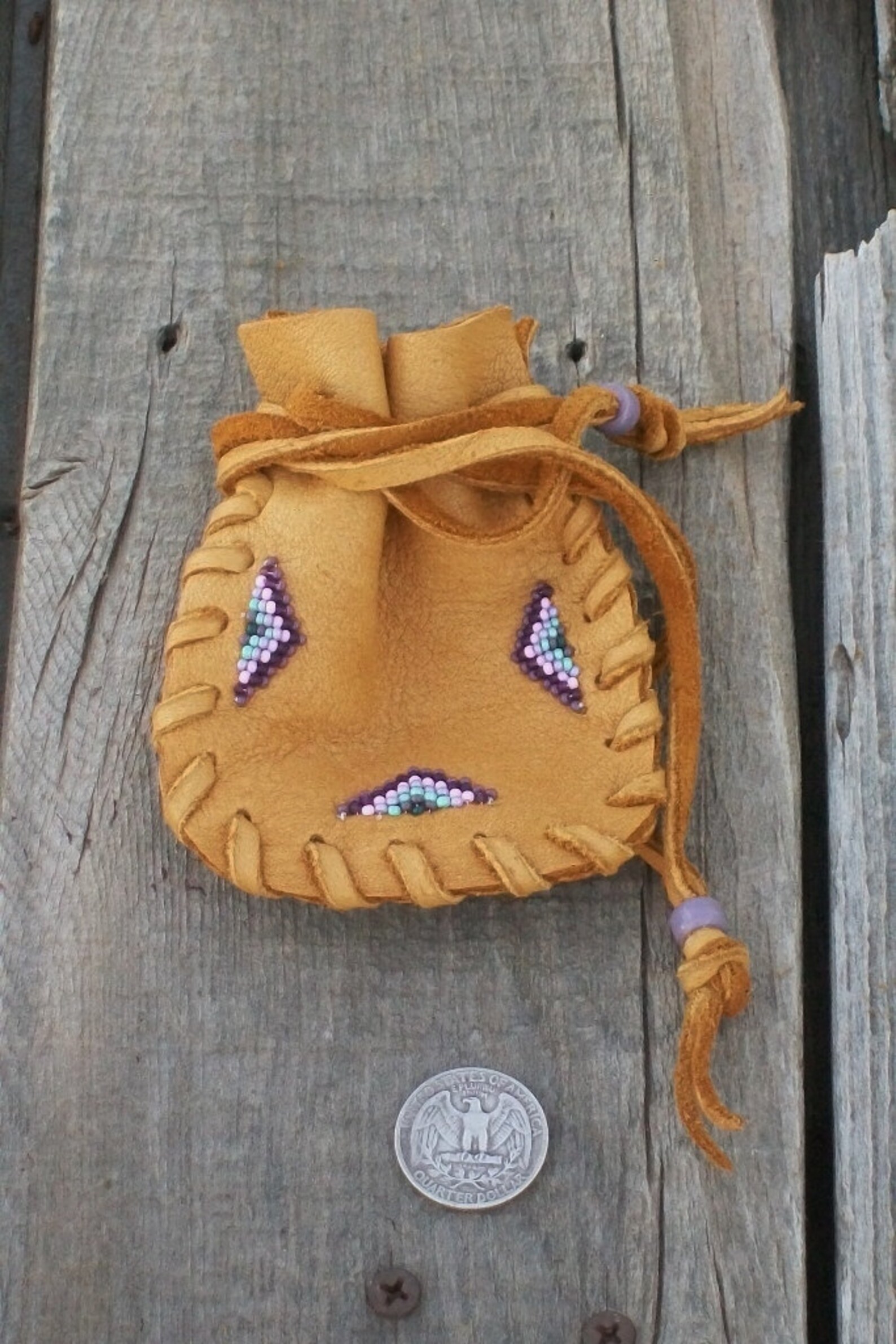 Drawstring Pouch , Beaded Crystal Bag, Beaded Medicne Bag, Leather Bag ...