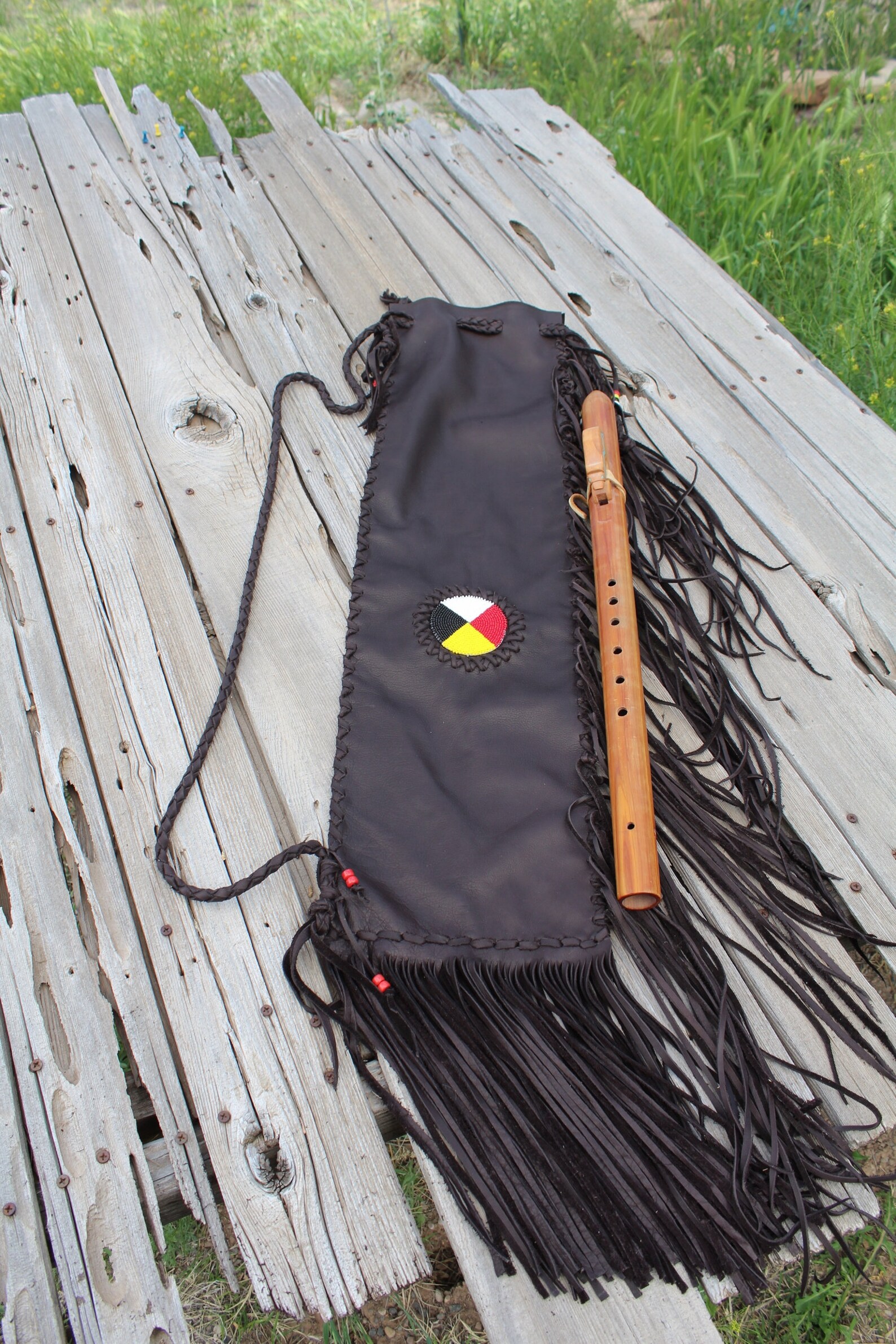 Beaded Leather Flute Bag, Fringed Four Directions Beadwork - Etsy