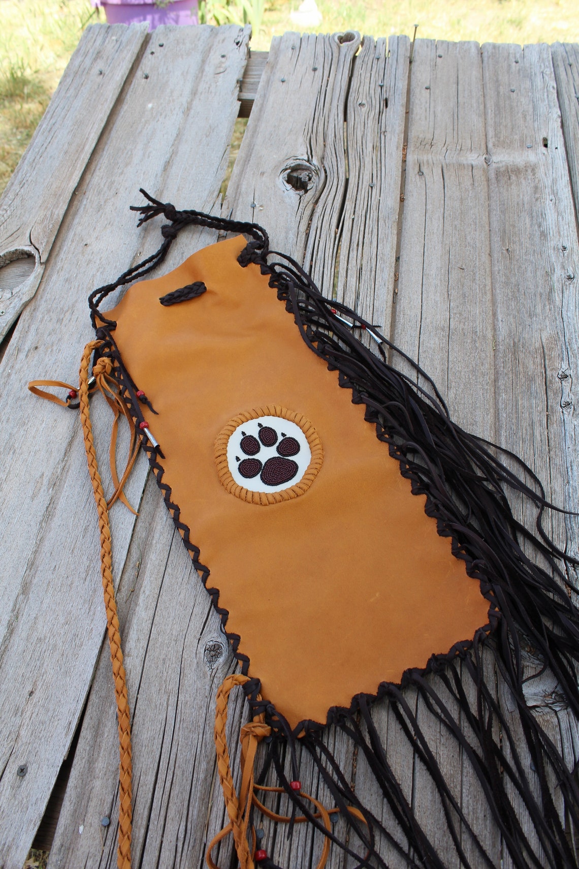 Leather Pipe Bag, Beaded Wolf Paw Totem, Fringed Chanupa Bag - Etsy