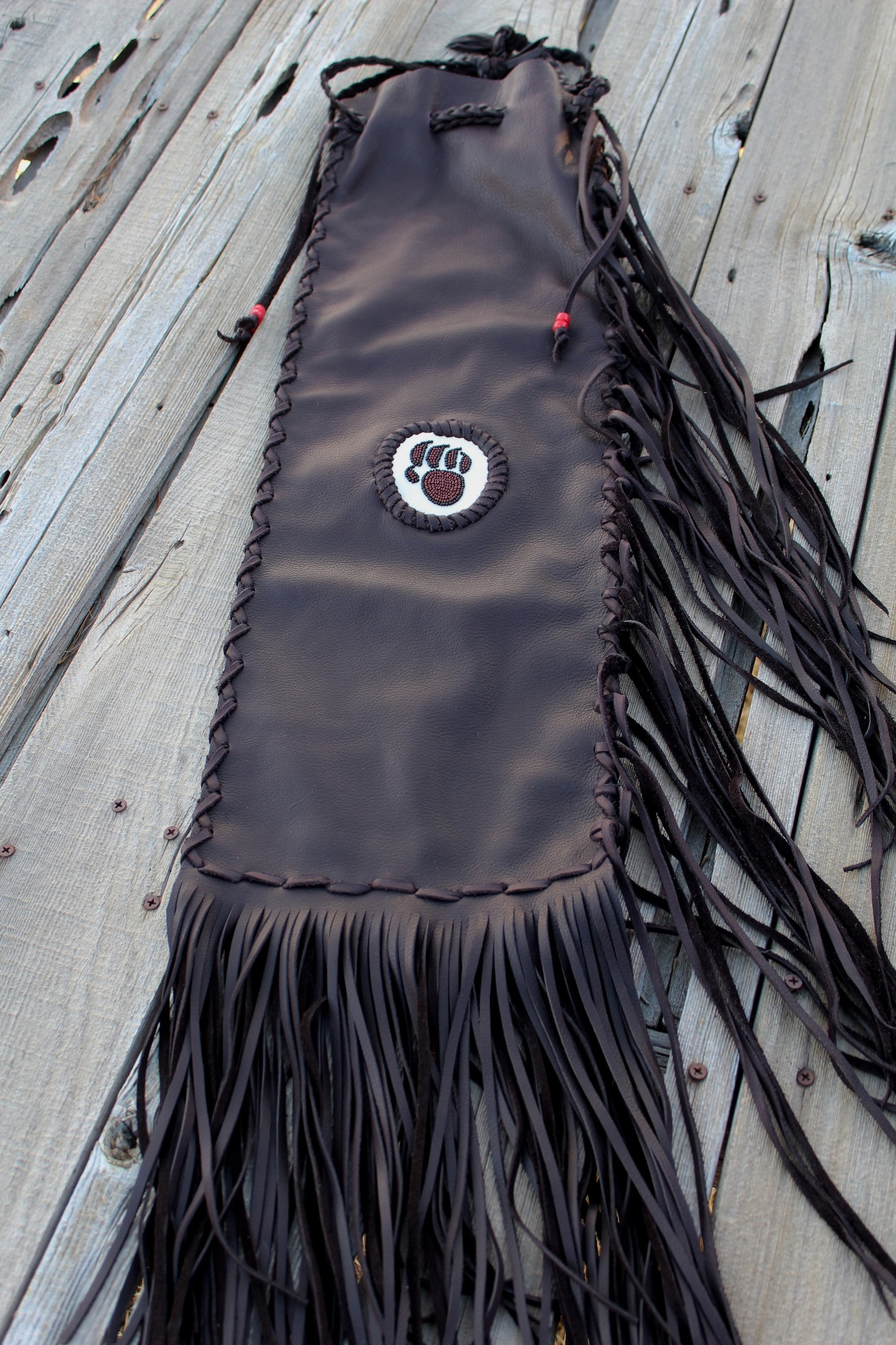 Chanupa bag Fringed leather pipe bag with beaded bear totem | Etsy