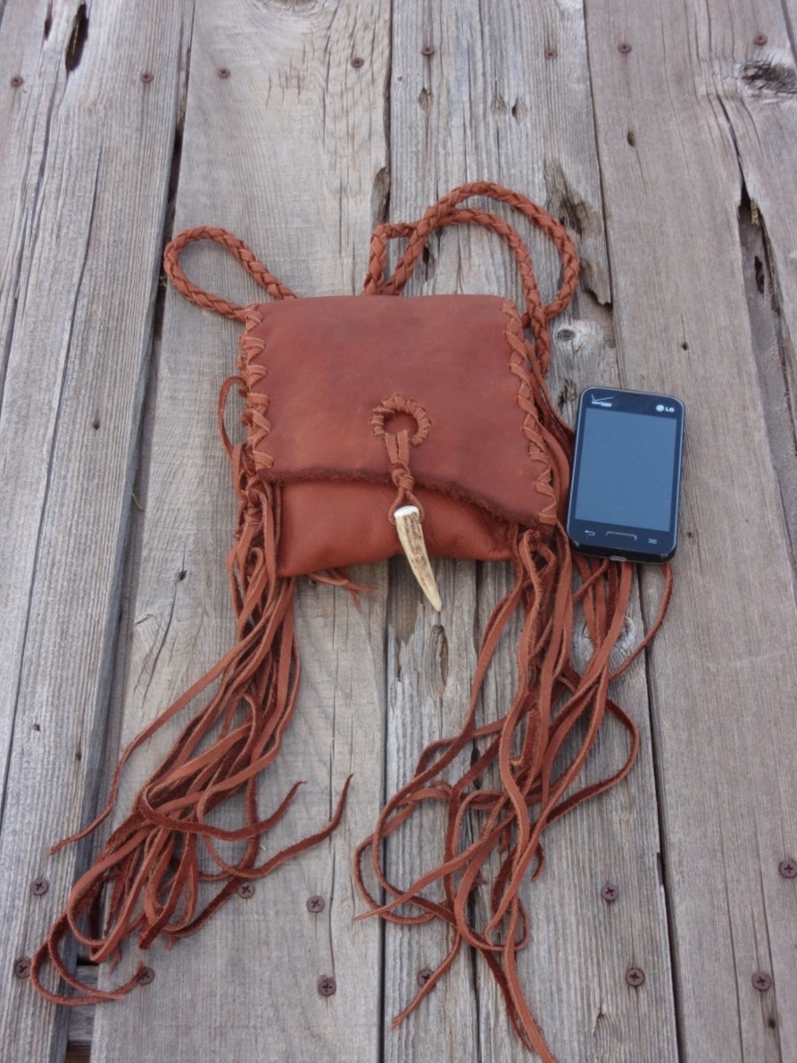 Fringed Leather Purse With an Antler Tip Closure , Crossbody Bag ...
