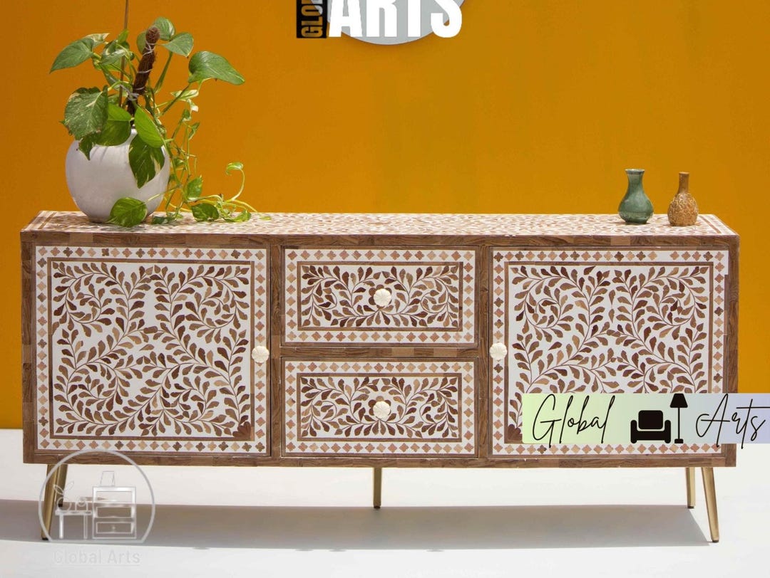 Wood Inlay TV Console 60" | Handcrafted Modern Media Stand With 6 ...